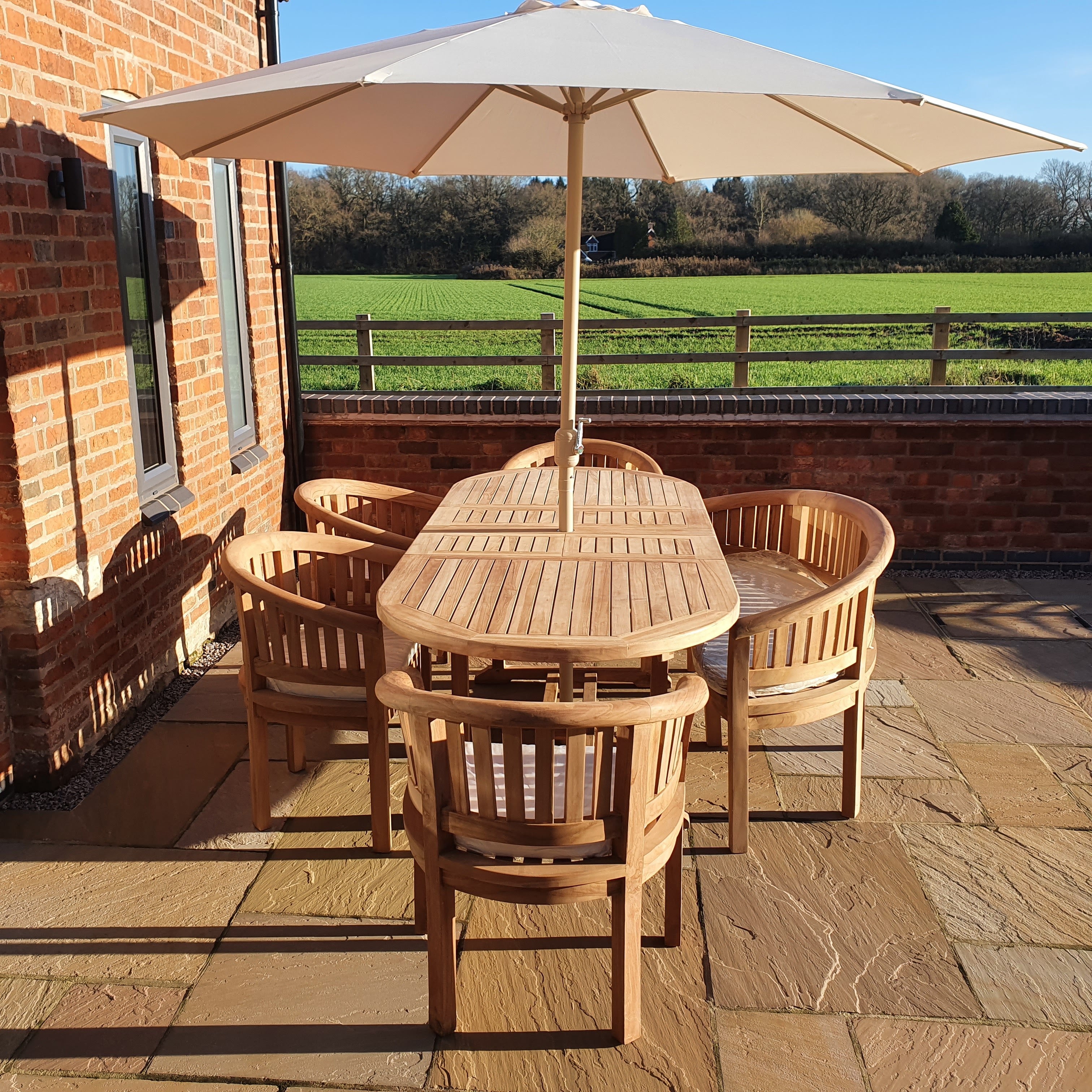 120-170cm Round-to-Oval Extending Teak Table Set with 1 Bench and 4 ...