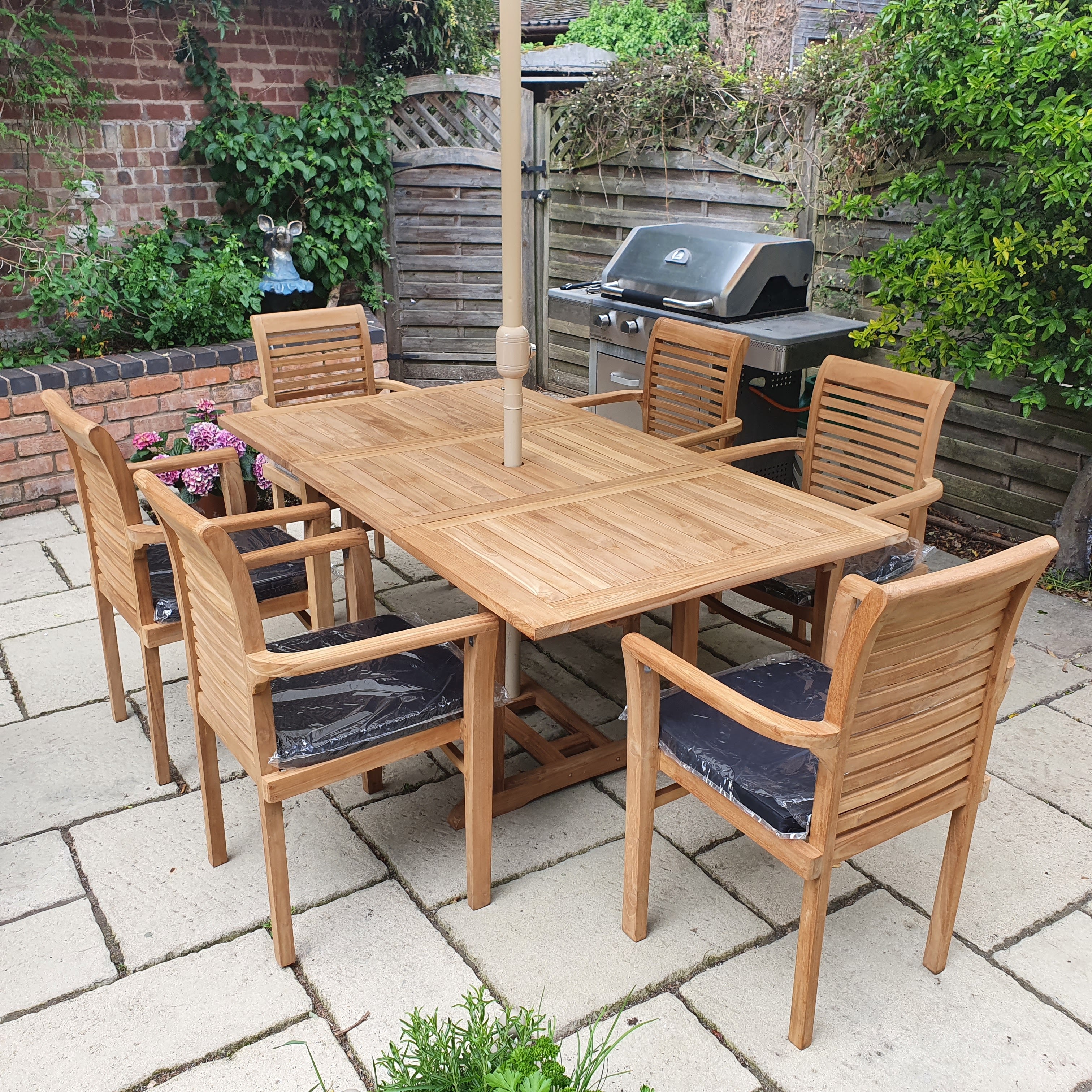 Square to Rectangle 120-170cm Teak Table Set with 6 Chairs | Royal Finesse