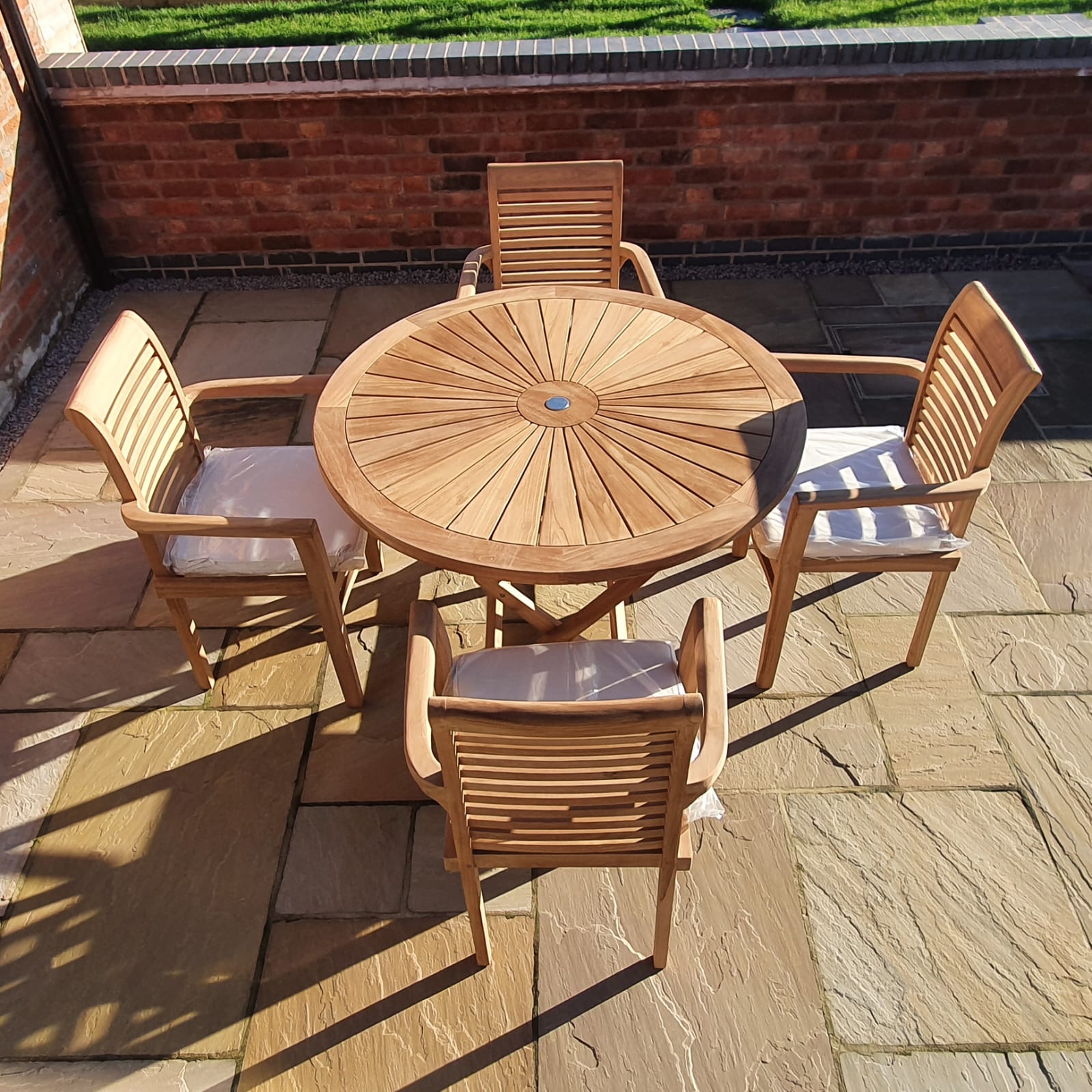 Compact 120cm Teak Round Table Ensemble with 4 Stacking Chairs | Royal ...