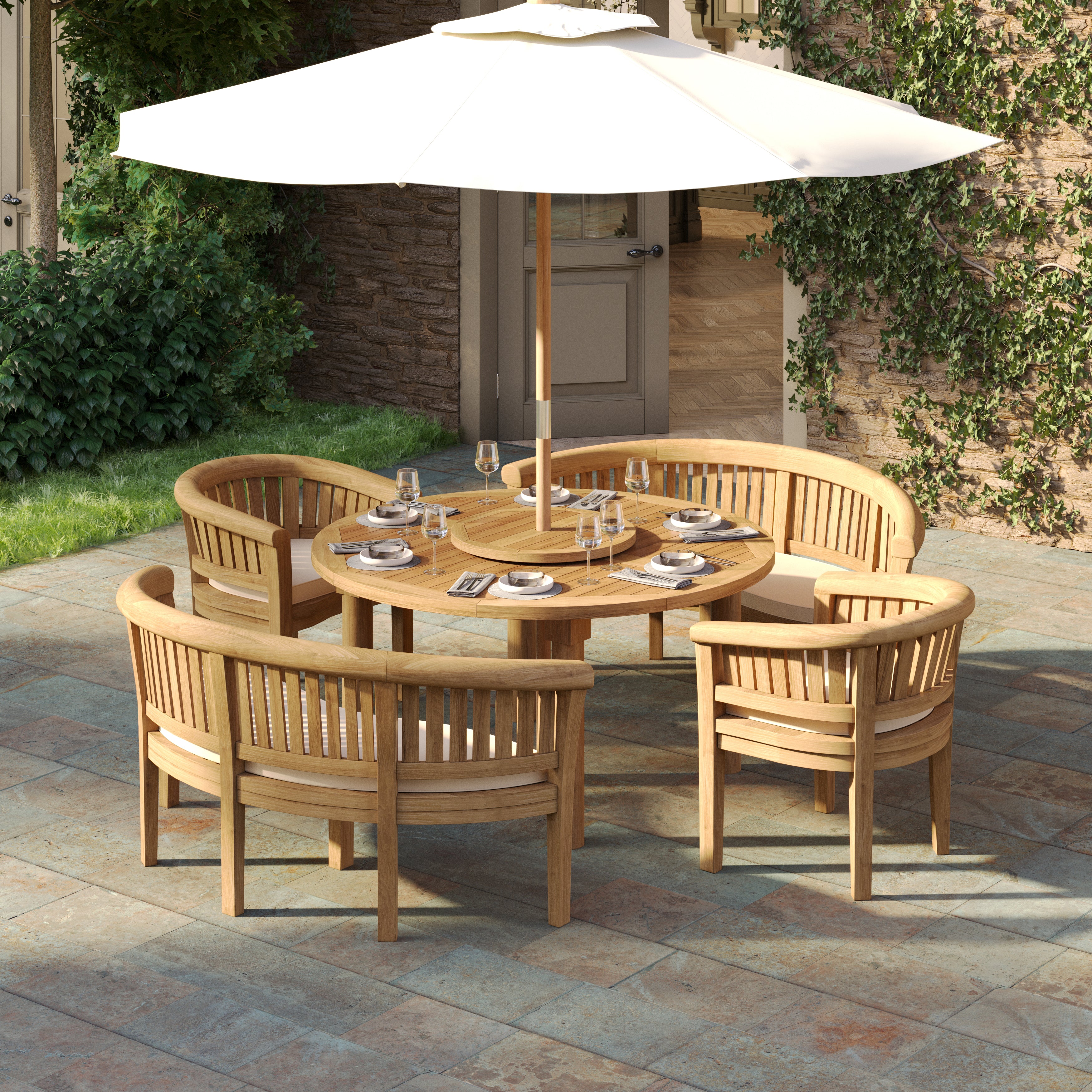 150cm Round Teak Table Set with 2 Benches & 2 Chairs | Royal Finesse