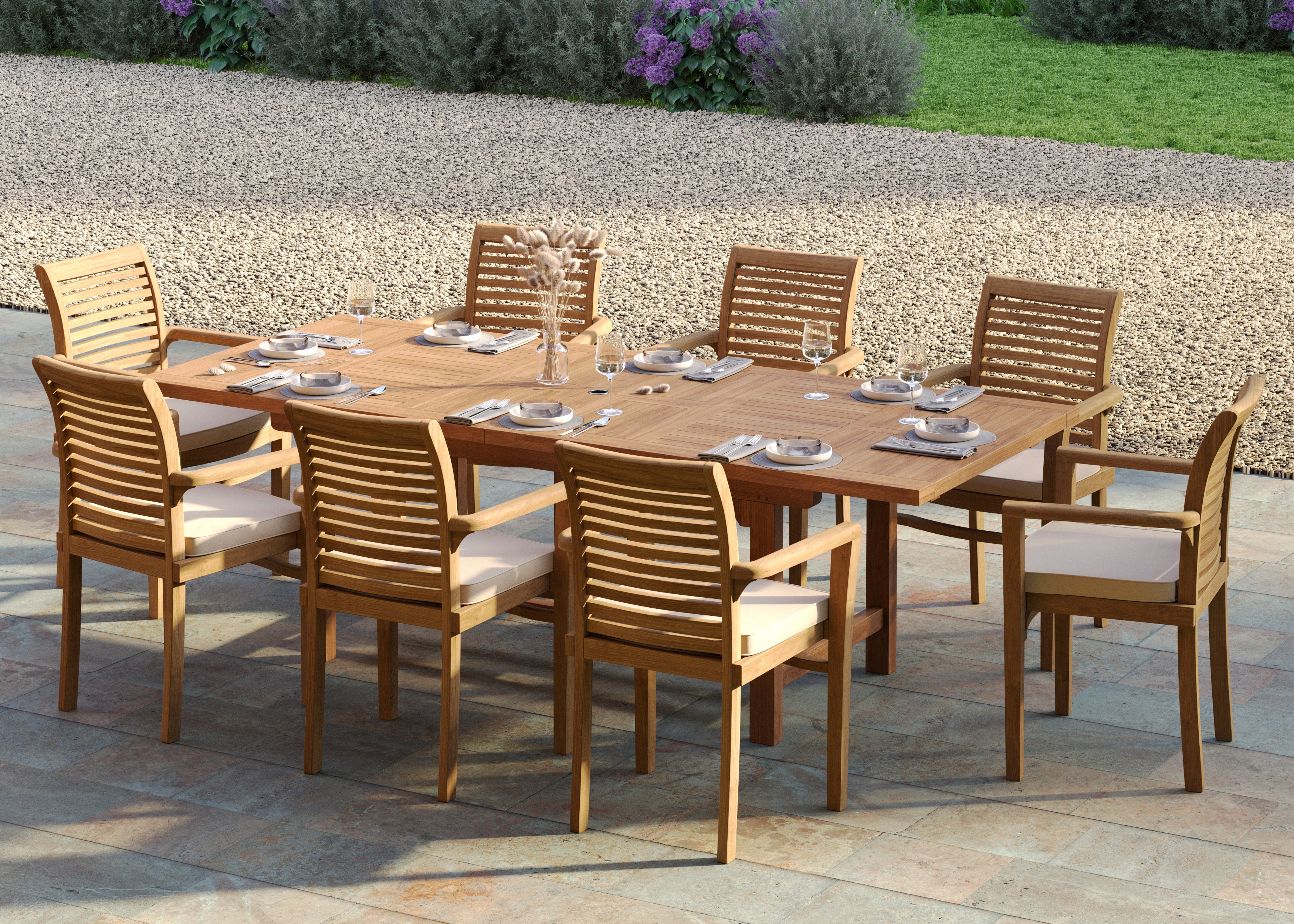 180-240cm Double Leaf Oval Teak Table Set with 8 Stacking Chairs ...