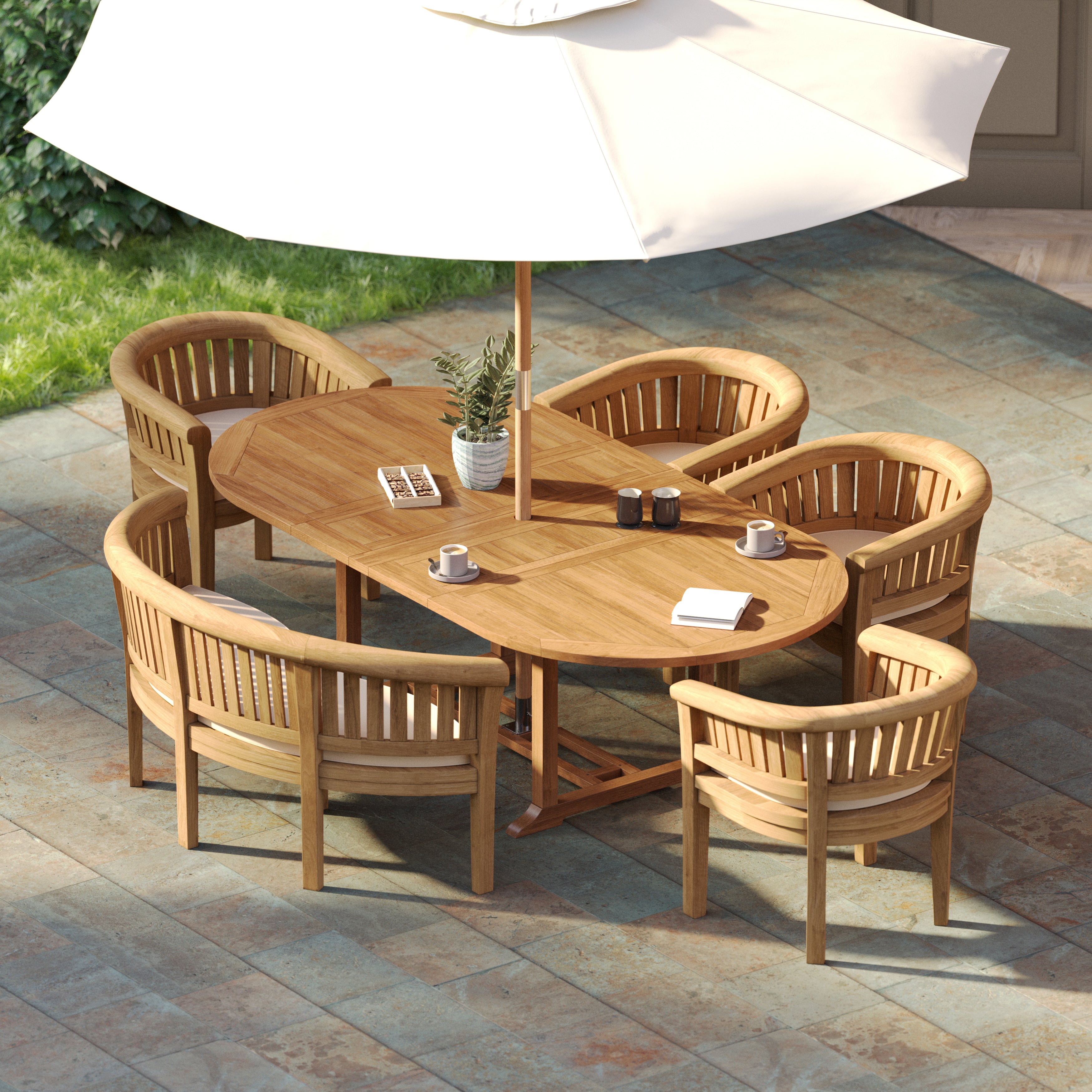 120-170cm Round-to-Oval Extending Teak Table Set with 1 Bench and 4 ...