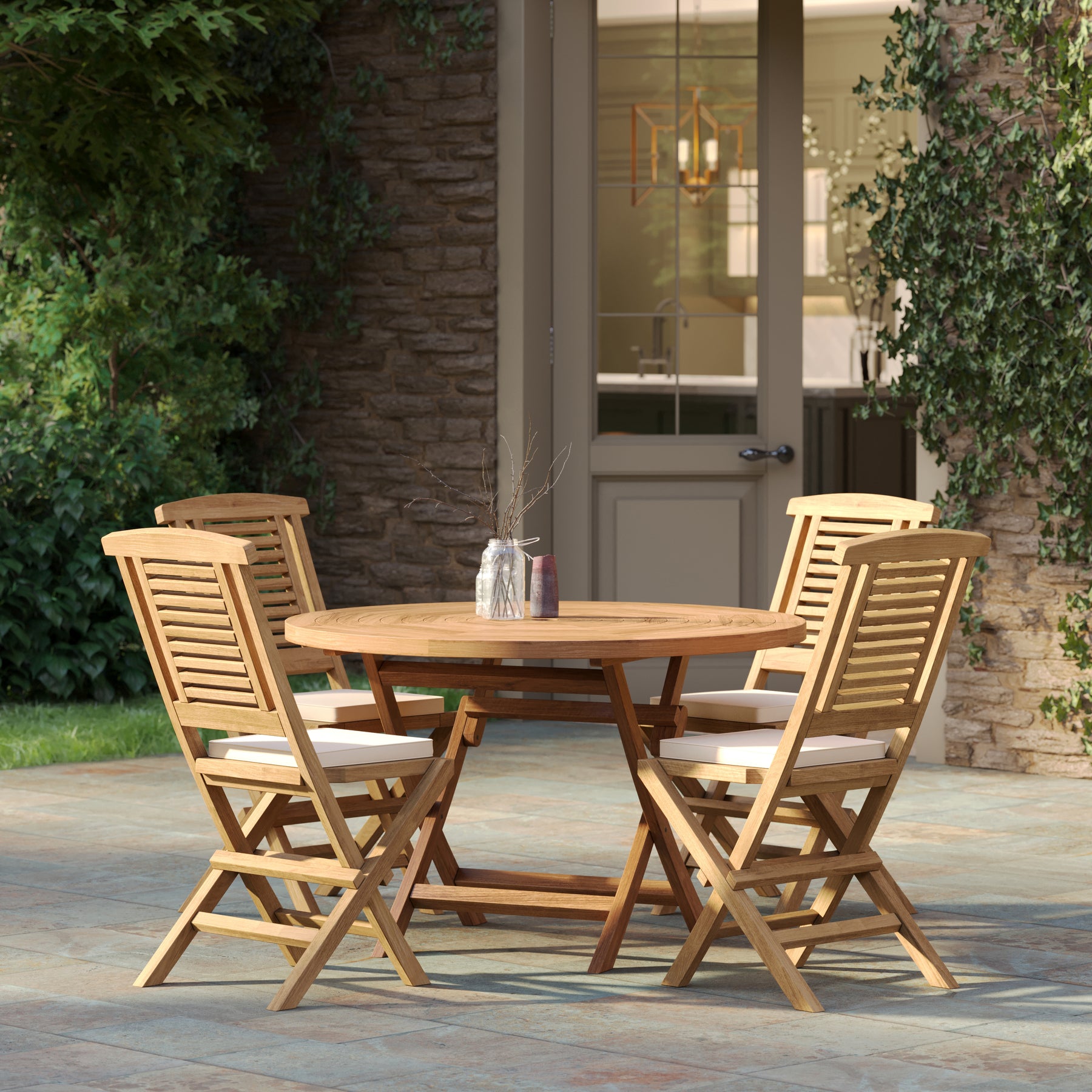 120cm Teak Spiral Table Set with 4 Folding Hampton Chairs | Royal Finesse