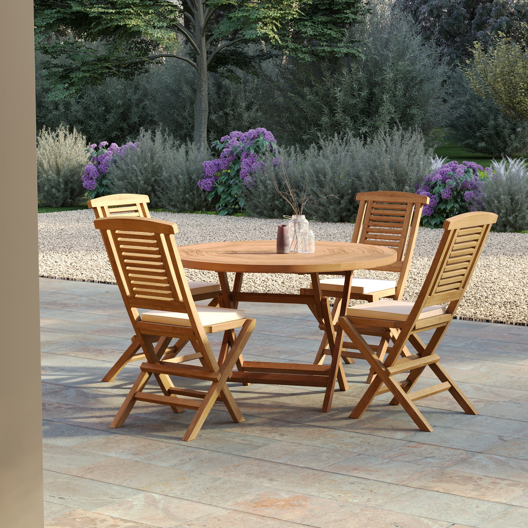 120cm Teak Spiral Table Set with 4 Folding Hampton Chairs | Royal Finesse