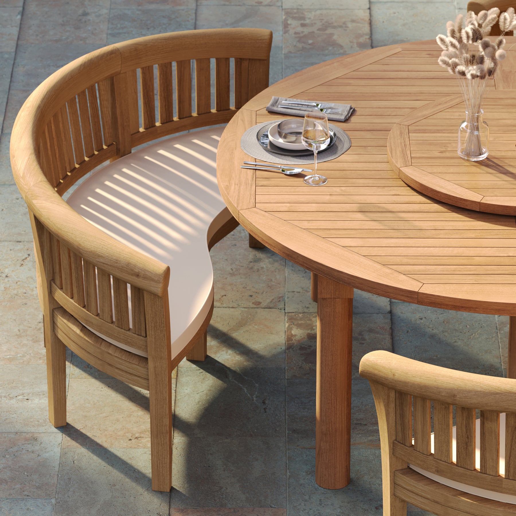 180cm Teak Maximus Round Table Set with 3 Cushioned Benches | Royal Finesse