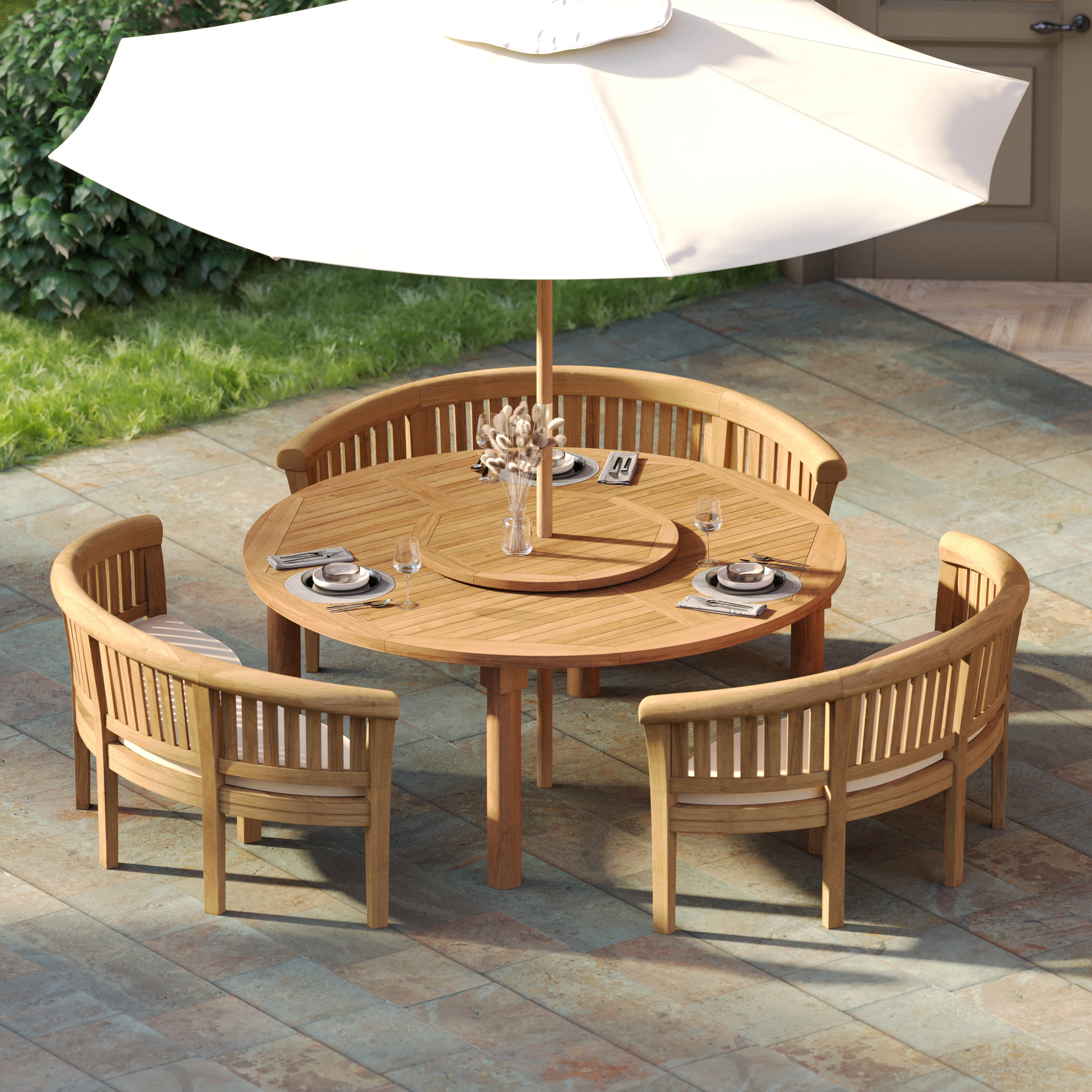 180cm Teak Maximus Round Table Set with 3 Cushioned Benches | Royal Finesse
