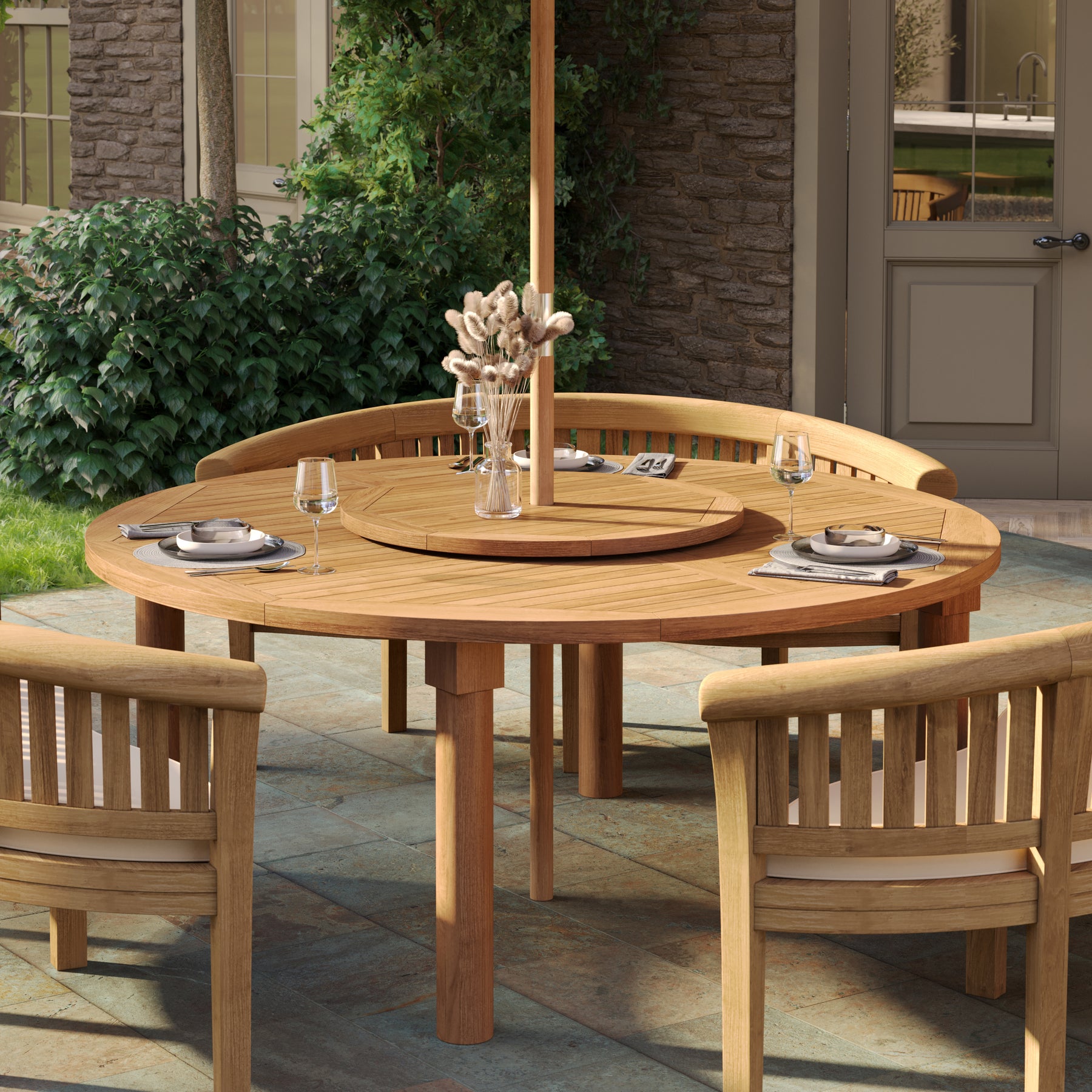 180cm Teak Maximus Round Table Set with 3 Cushioned Benches | Royal Finesse