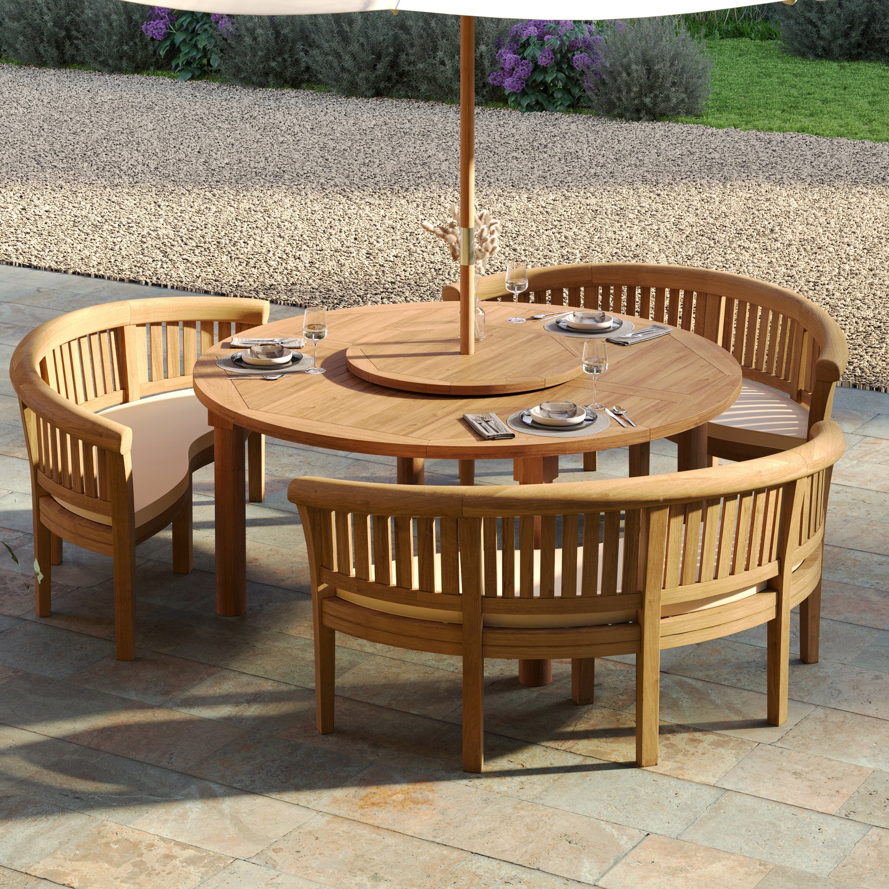 180cm Teak Maximus Round Table Set with 3 Cushioned Benches | Royal Finesse