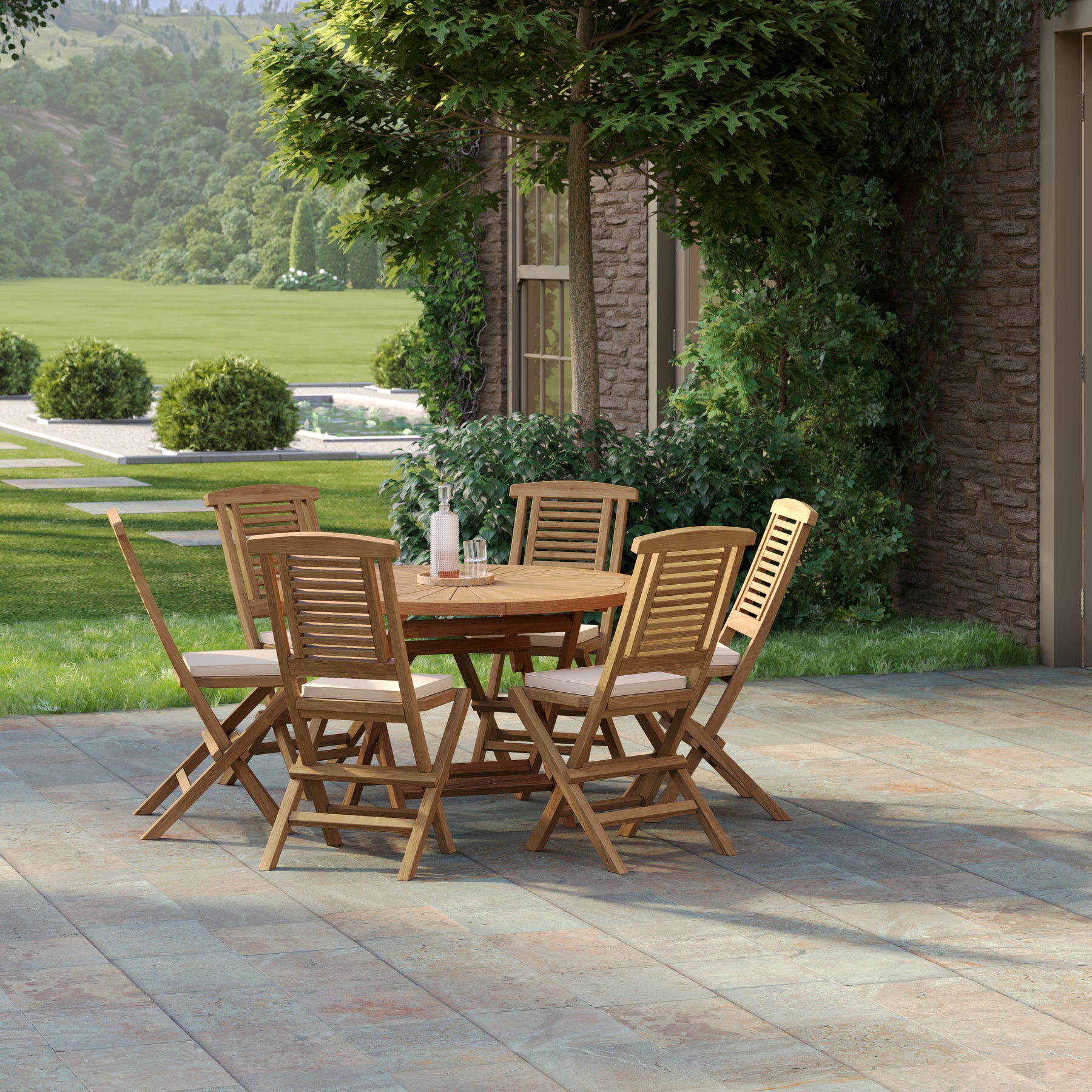 120cm Teak Sunshine Folding Table Set 6 Chairs | Royal Finesse