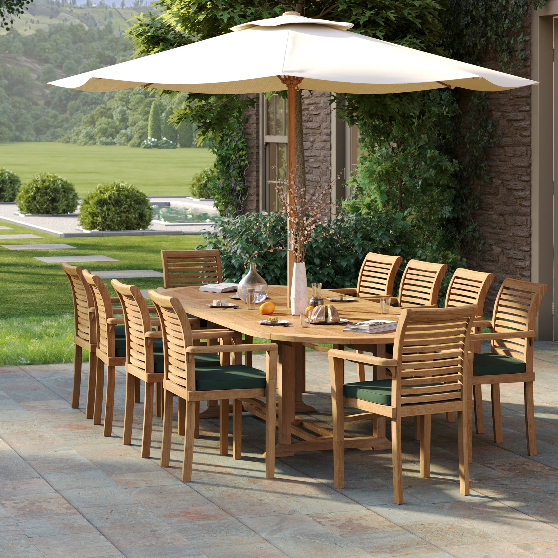 Large 2-3m Oval Extending Teak Table with 10 Oxford Chairs | Royal Finesse