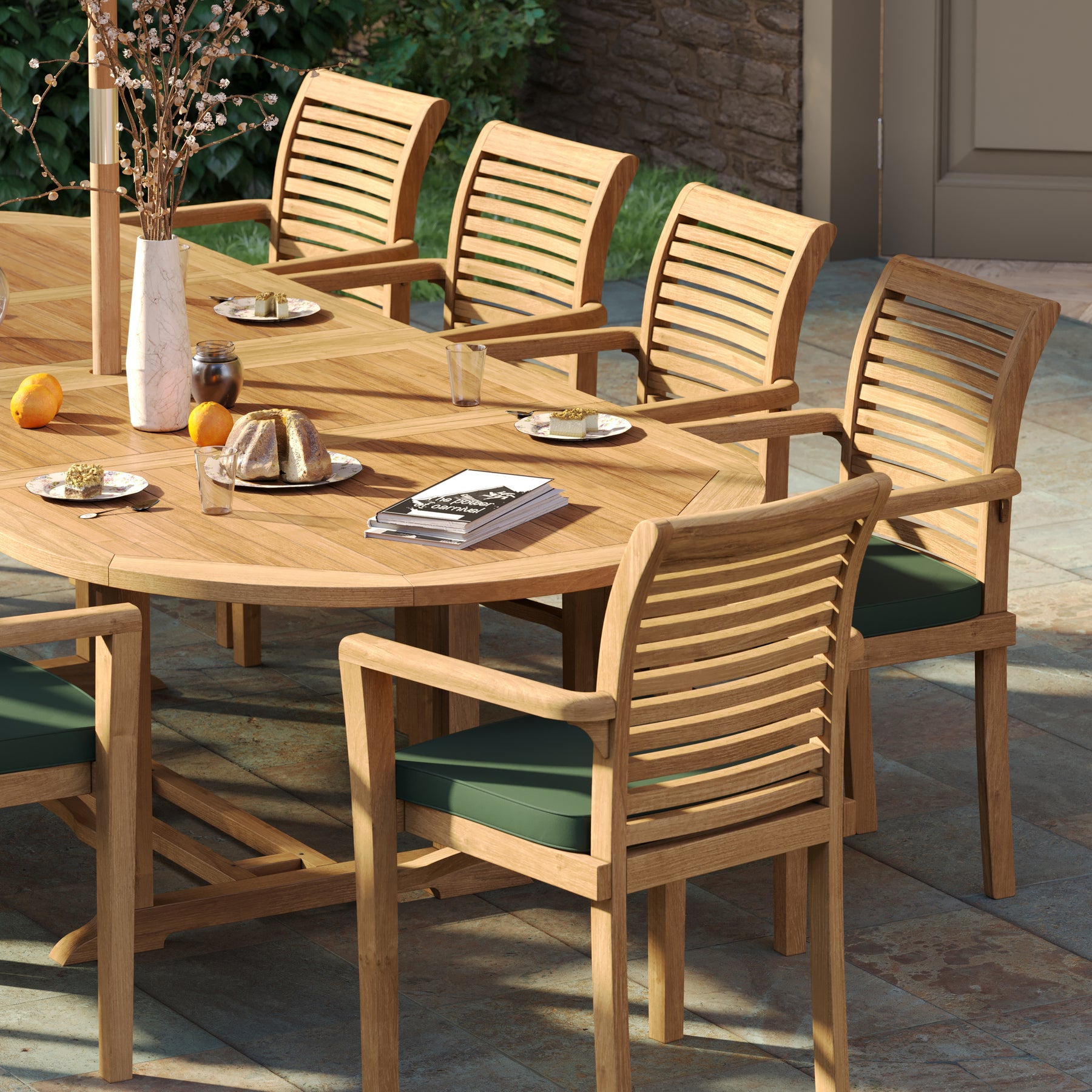 Large 2-3m Oval Extending Teak Table with 10 Oxford Chairs | Royal Finesse