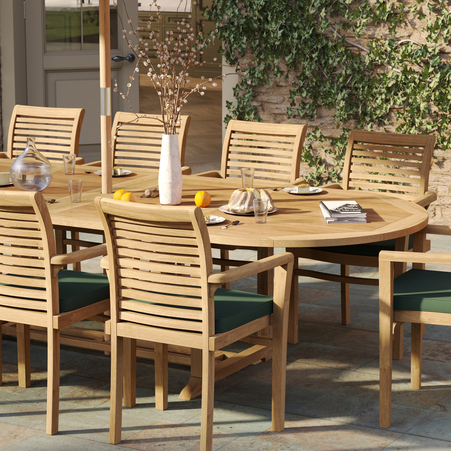 Large 2-3m Oval Extending Teak Table with 10 Oxford Chairs | Royal Finesse