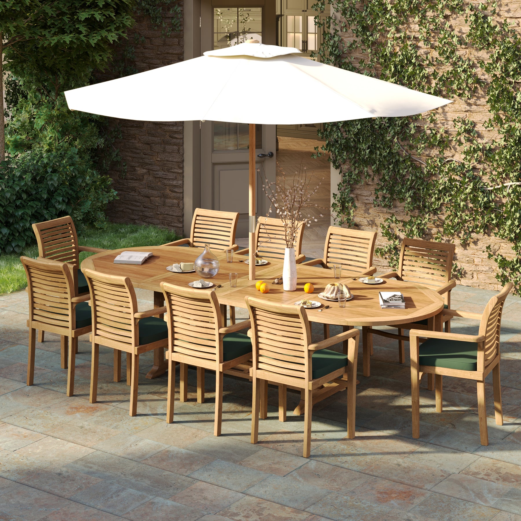 Large 2-3m Oval Extending Teak Table with 10 Oxford Chairs | Royal Finesse