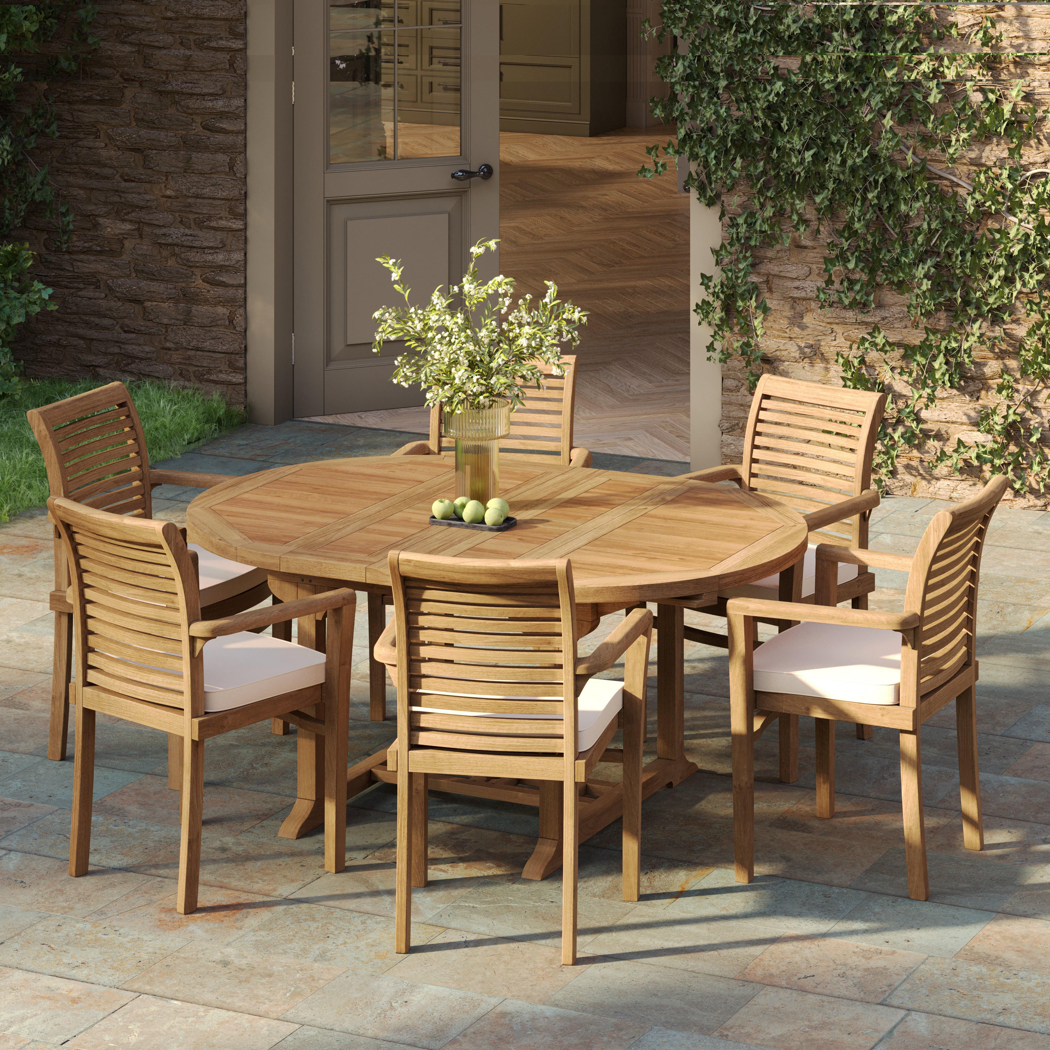 Versatile 120-170cm Extendable Round to Oval Table & 6 Chairs Teak ...