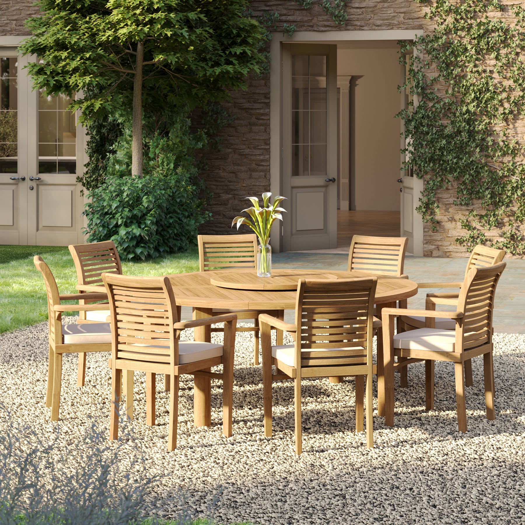 Luxury 180cm Teak Round Table Set with 8 Stacking Chairs | Royal Finesse