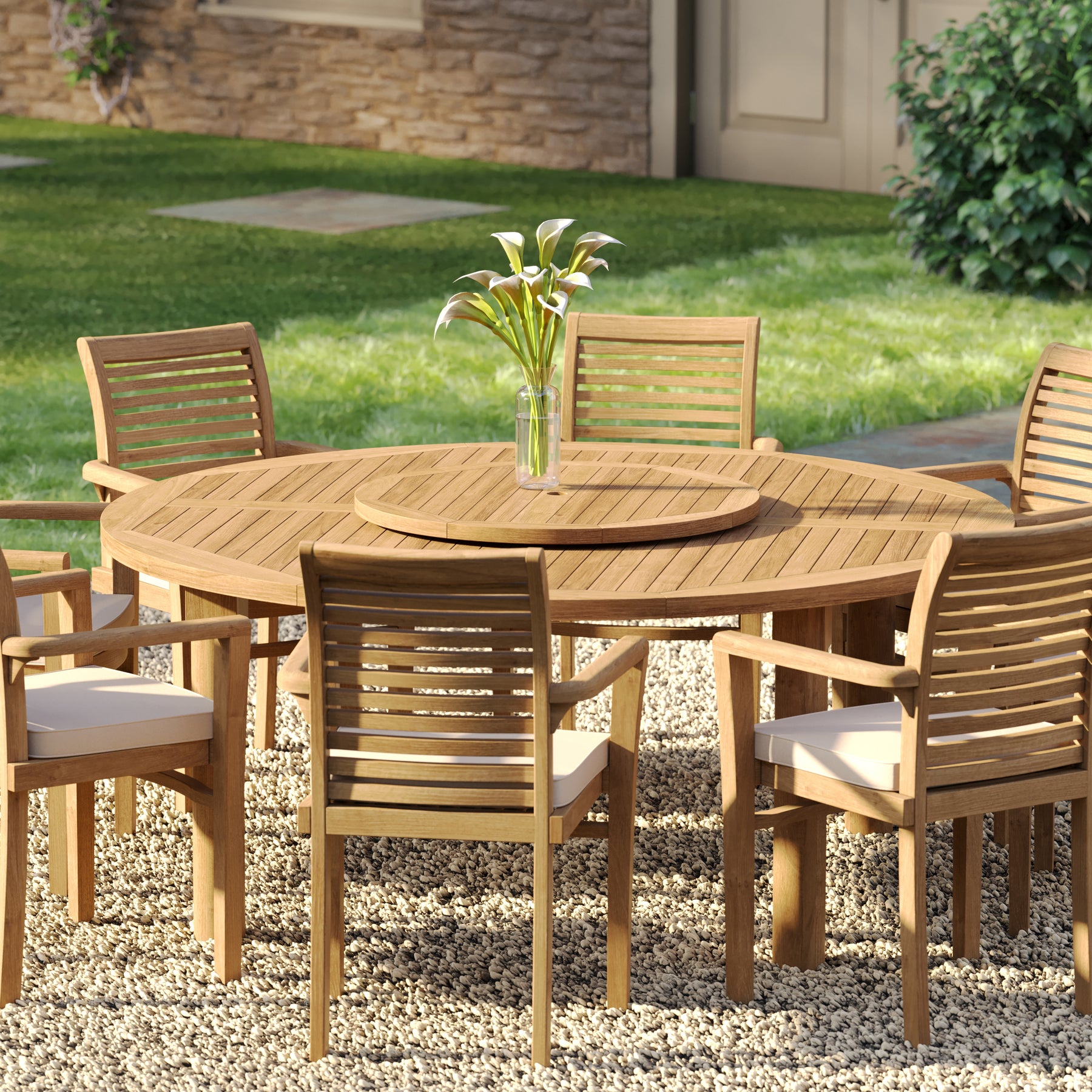 Luxury 180cm Teak Round Table Set with 8 Stacking Chairs | Royal Finesse