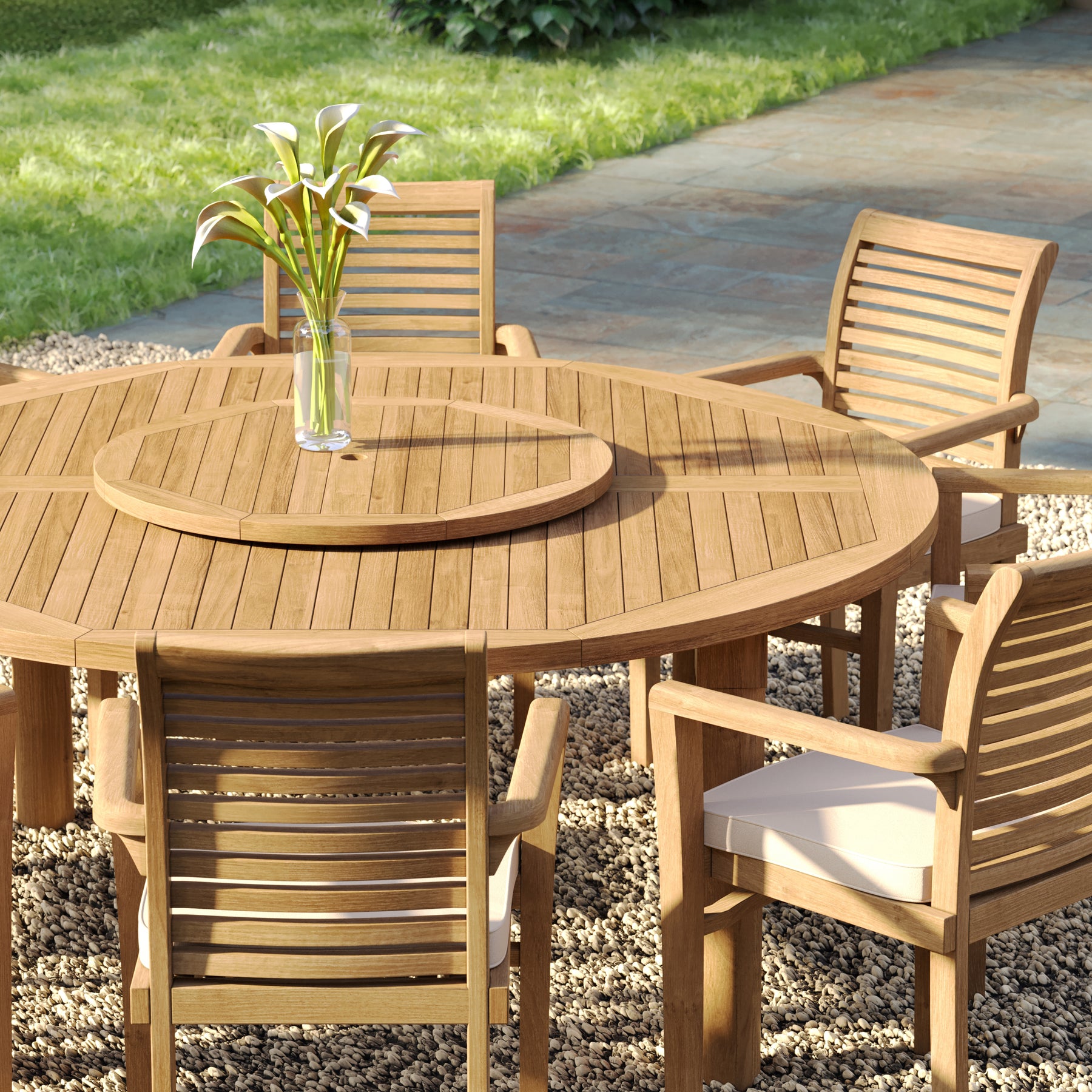 Luxury 180cm Teak Round Table Set with 8 Stacking Chairs | Royal Finesse