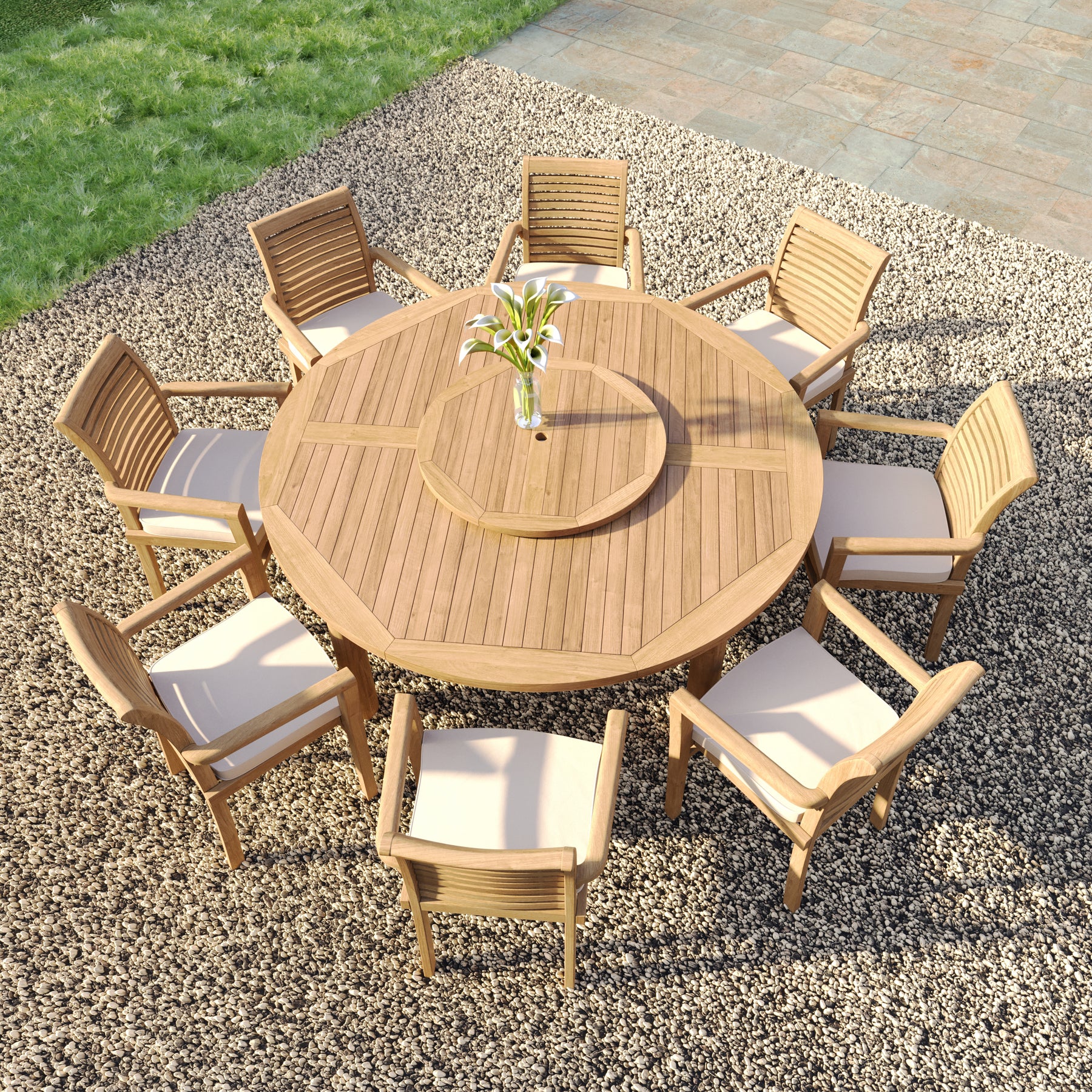 Luxury 180cm Teak Round Table Set with 8 Stacking Chairs | Royal Finesse
