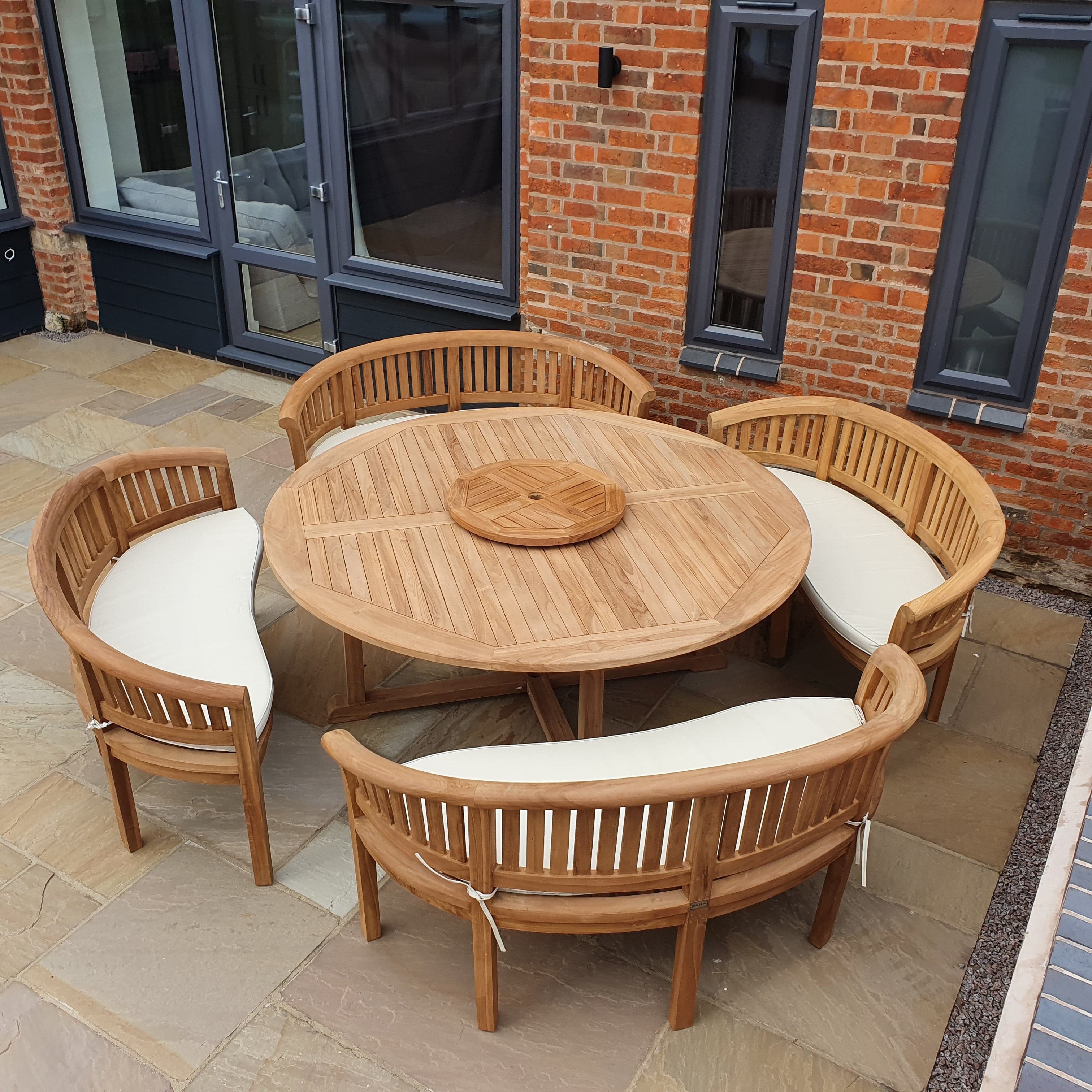 Deluxe 180cm Round Teak Sunshine Drum Set with Cushioned Benches ...